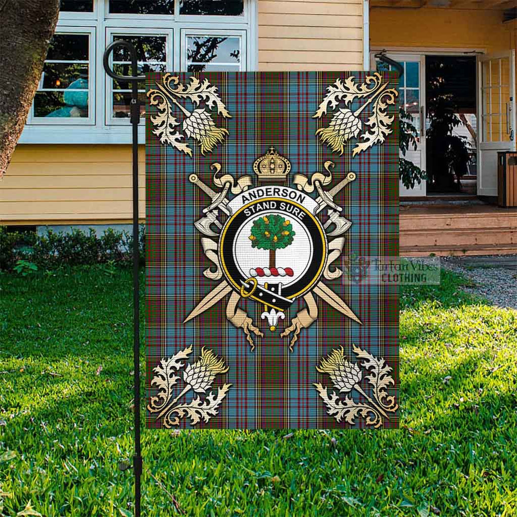 Anderson Tartan Garden Flag with Family Crest and Golden Thistle Cross