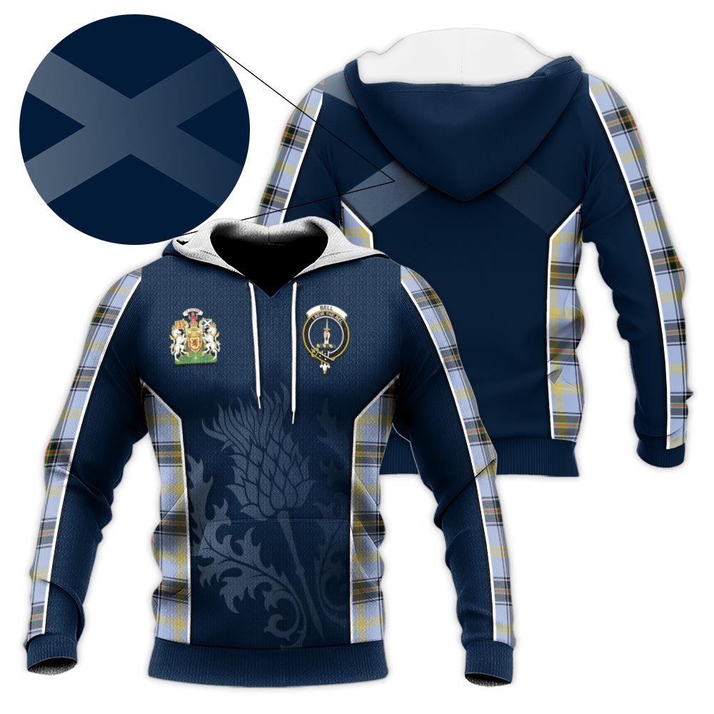 Bell Tartan Knitted Hoodie with Family Crest and Scottish Thistle Vibe