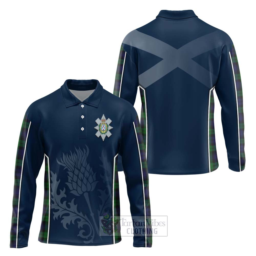 Black Watch Tartan Long Sleeve Polo Shirt with Family Crest and Scotti