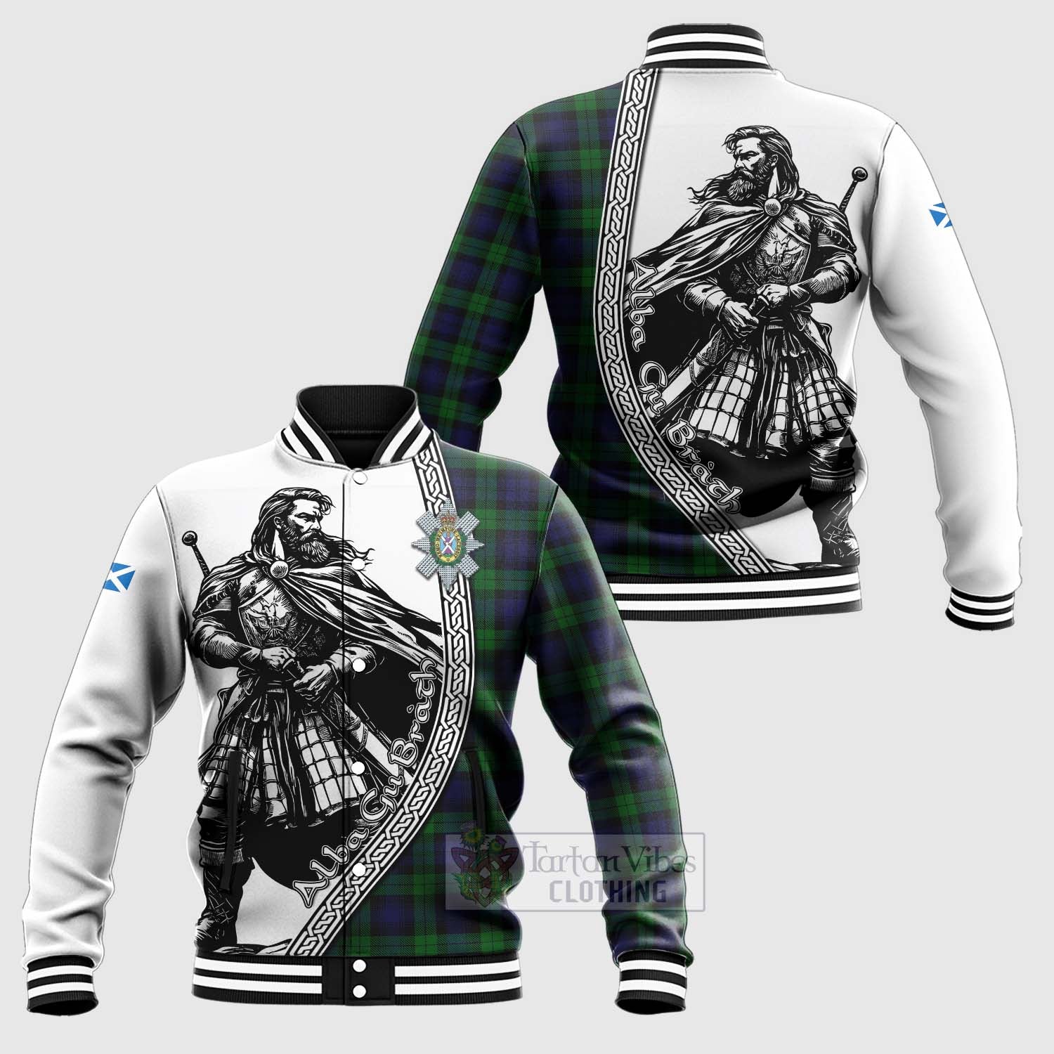 Black Watch Tartan Clan Crest Baseball Jacket with Highlander Warrior