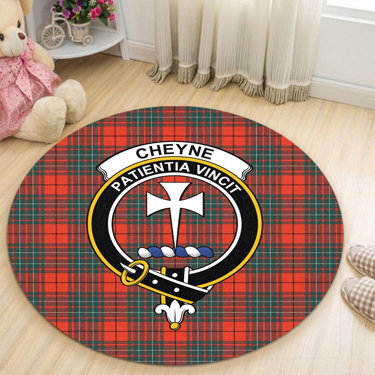Cheyne Tartan Round Rug with Family Crest