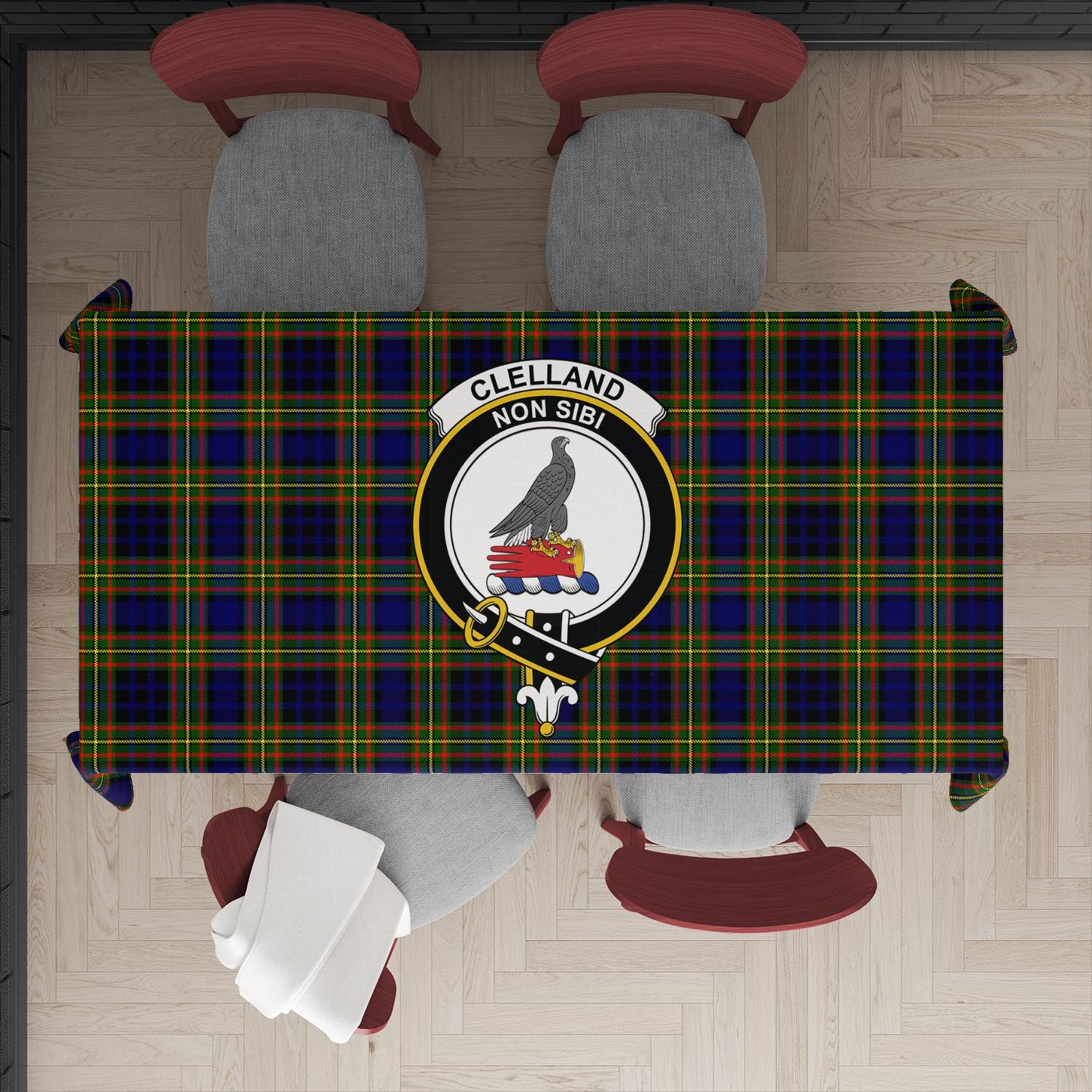 Clelland Modern Tartan Tablecloth with Family Crest