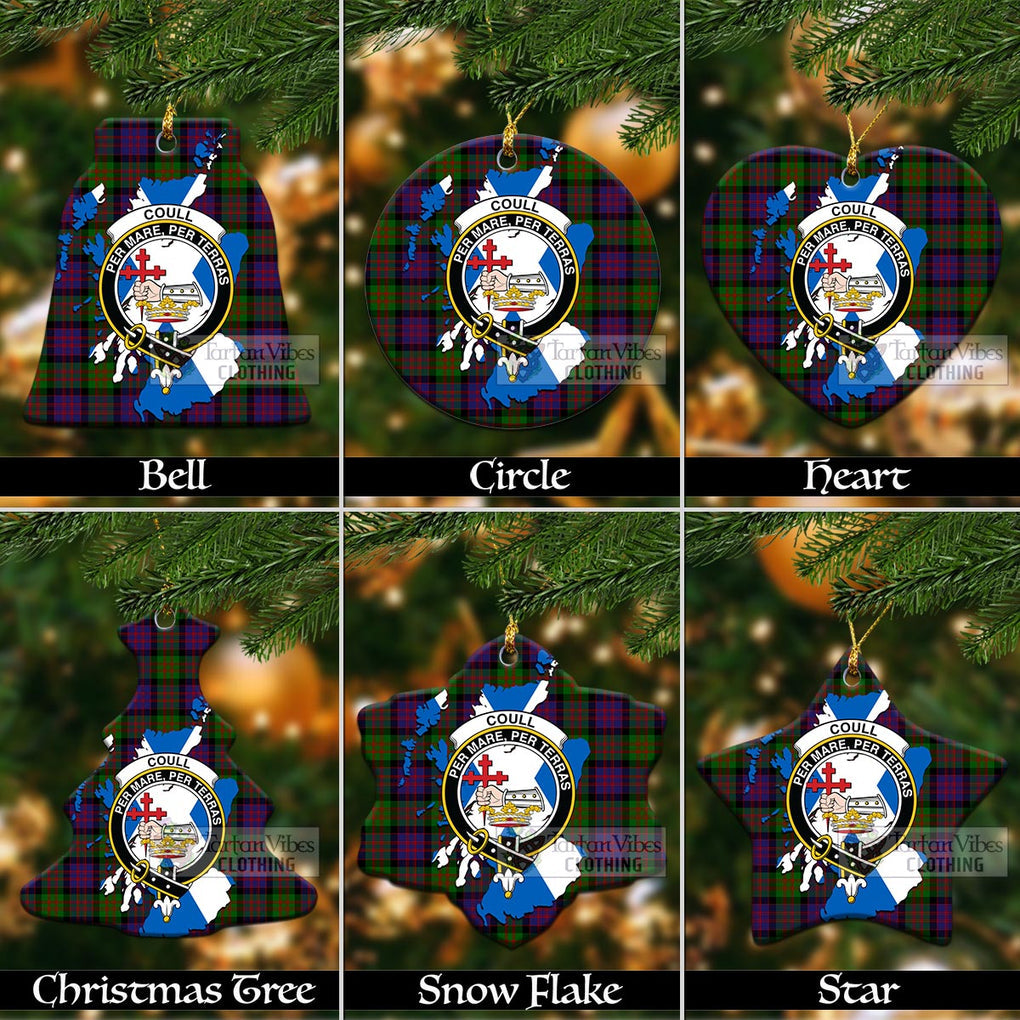 Coull Tartan Christmas Ornament with Family Crest and Scotland Map