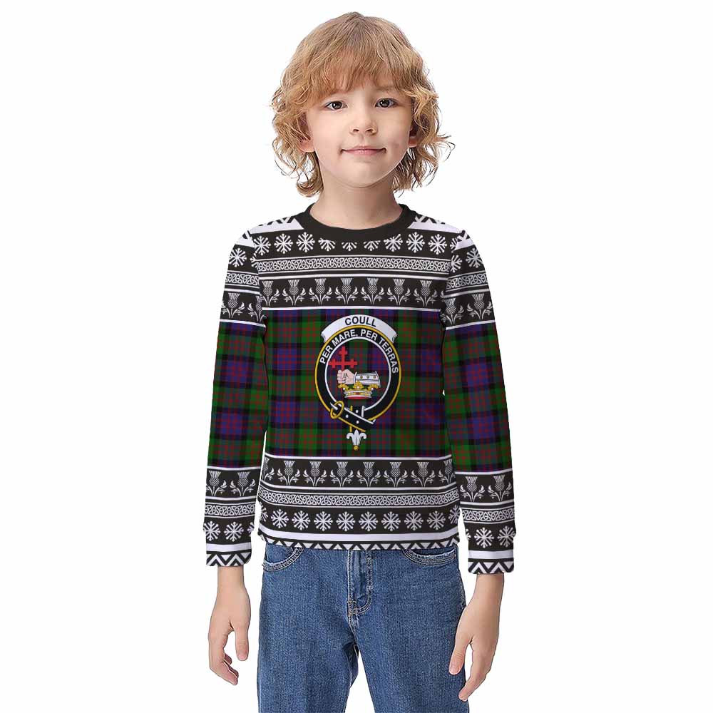 Coull Clan Tartan Christmas Kid Ugly Sweatshirt with Family Crest