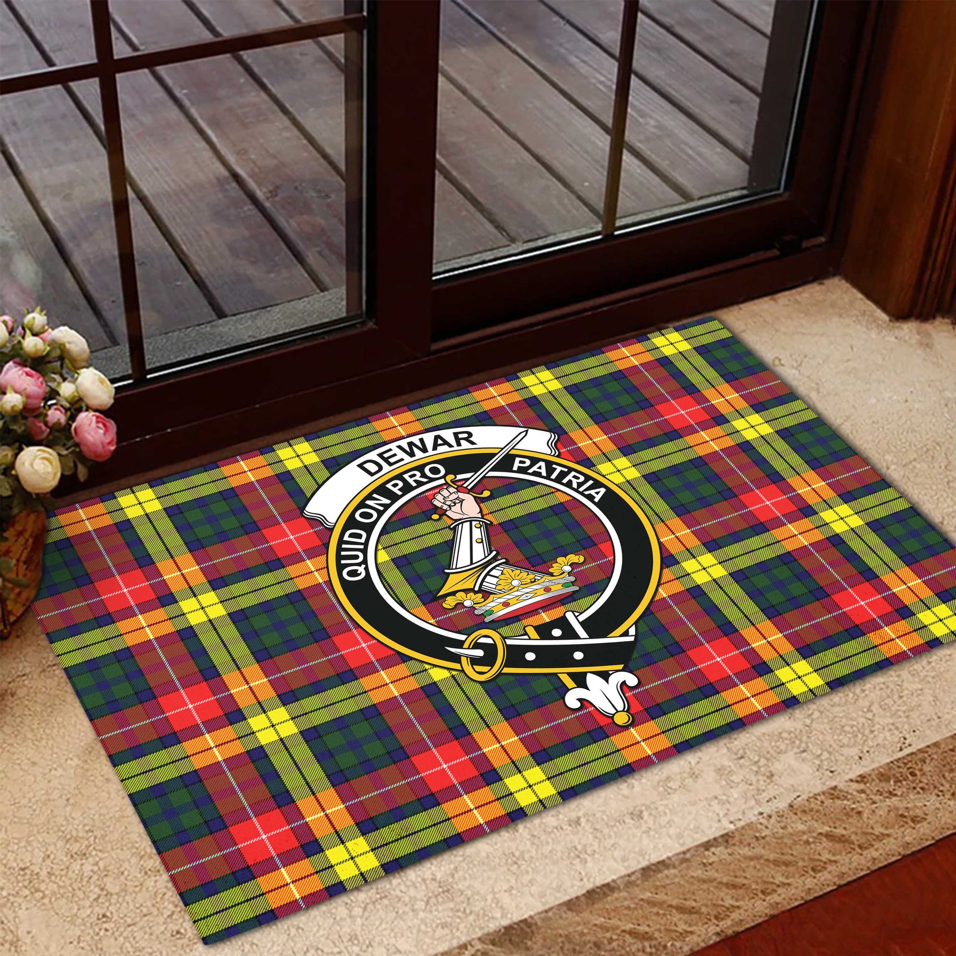Dewar Tartan Door Mat with Family Crest