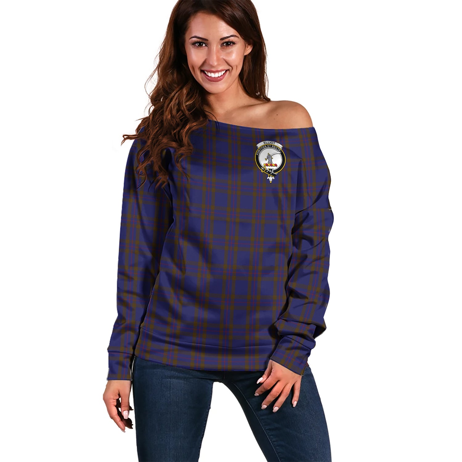 Elliot Tartan Off Shoulder Women Sweater with Family Crest