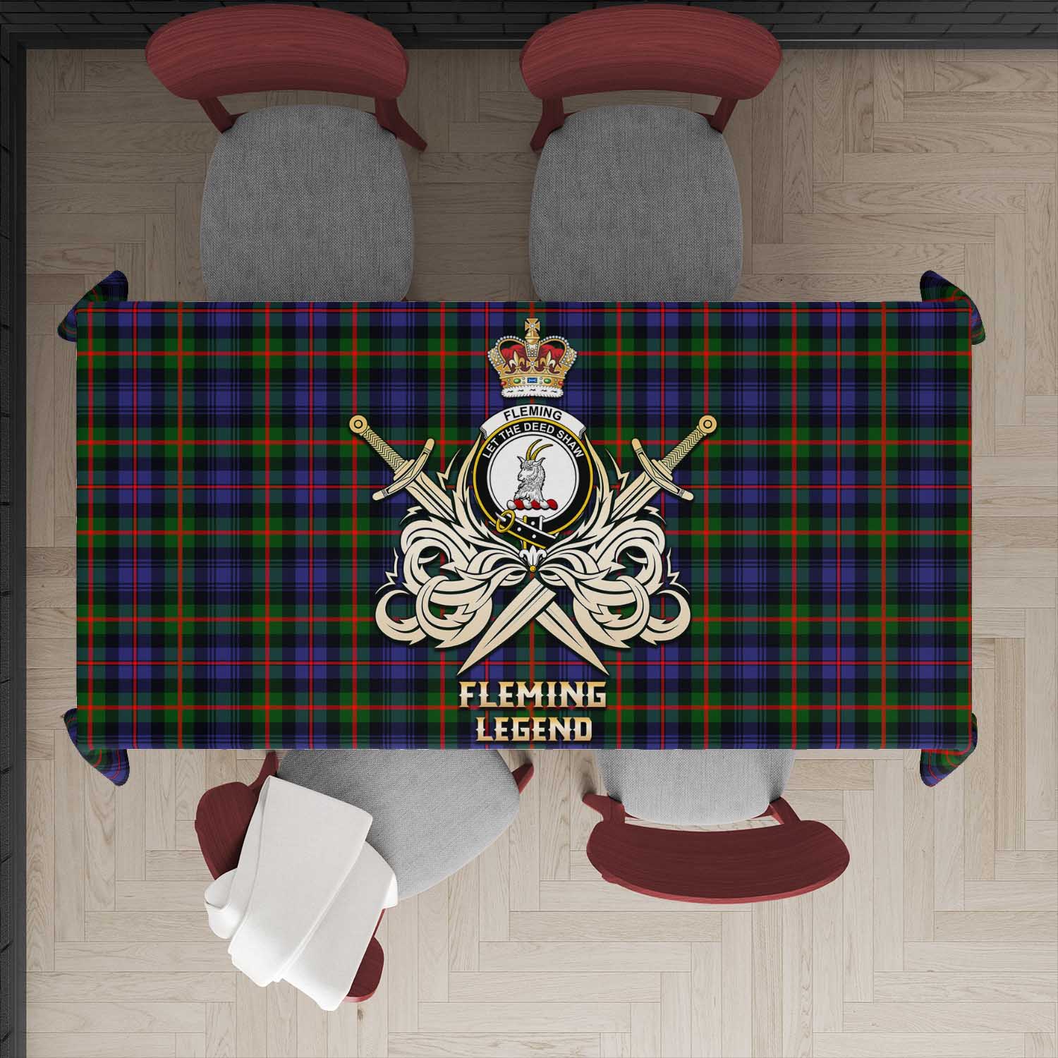 Fleming Tartan Tablecloth with Clan Crest and the Golden Sword of Cour