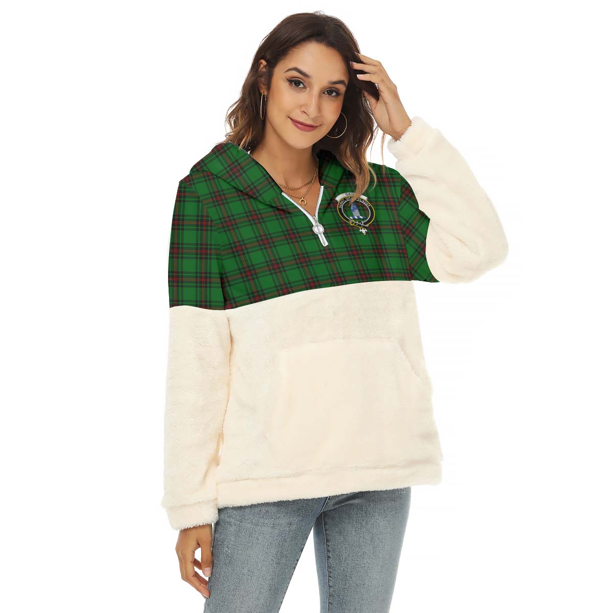 Ged Tartan Half Style Women's Borg Fleece Hoodie with Half Zip with Fa