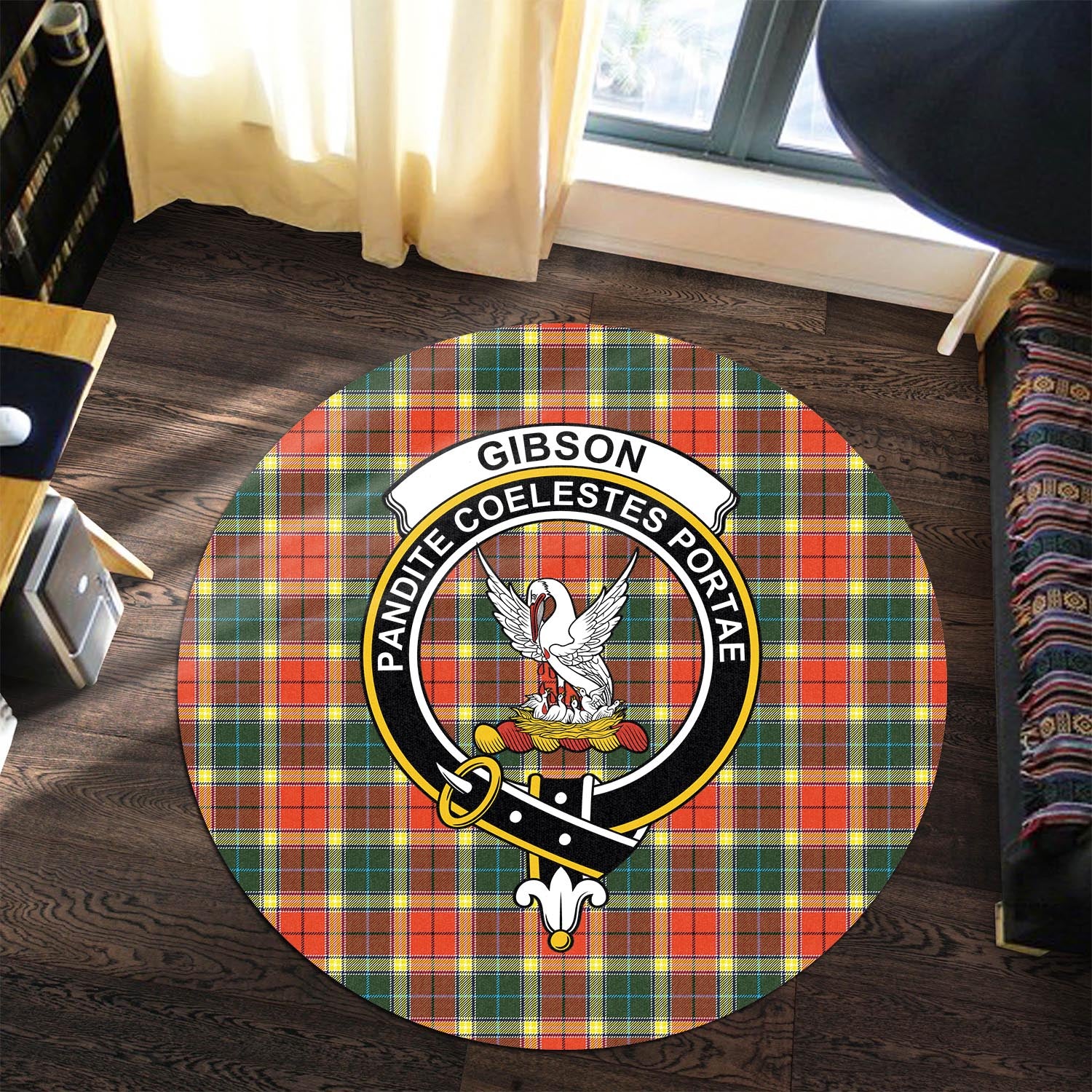 Gibson (Gibbs or Gibsone) Tartan Round Rug with Family Crest