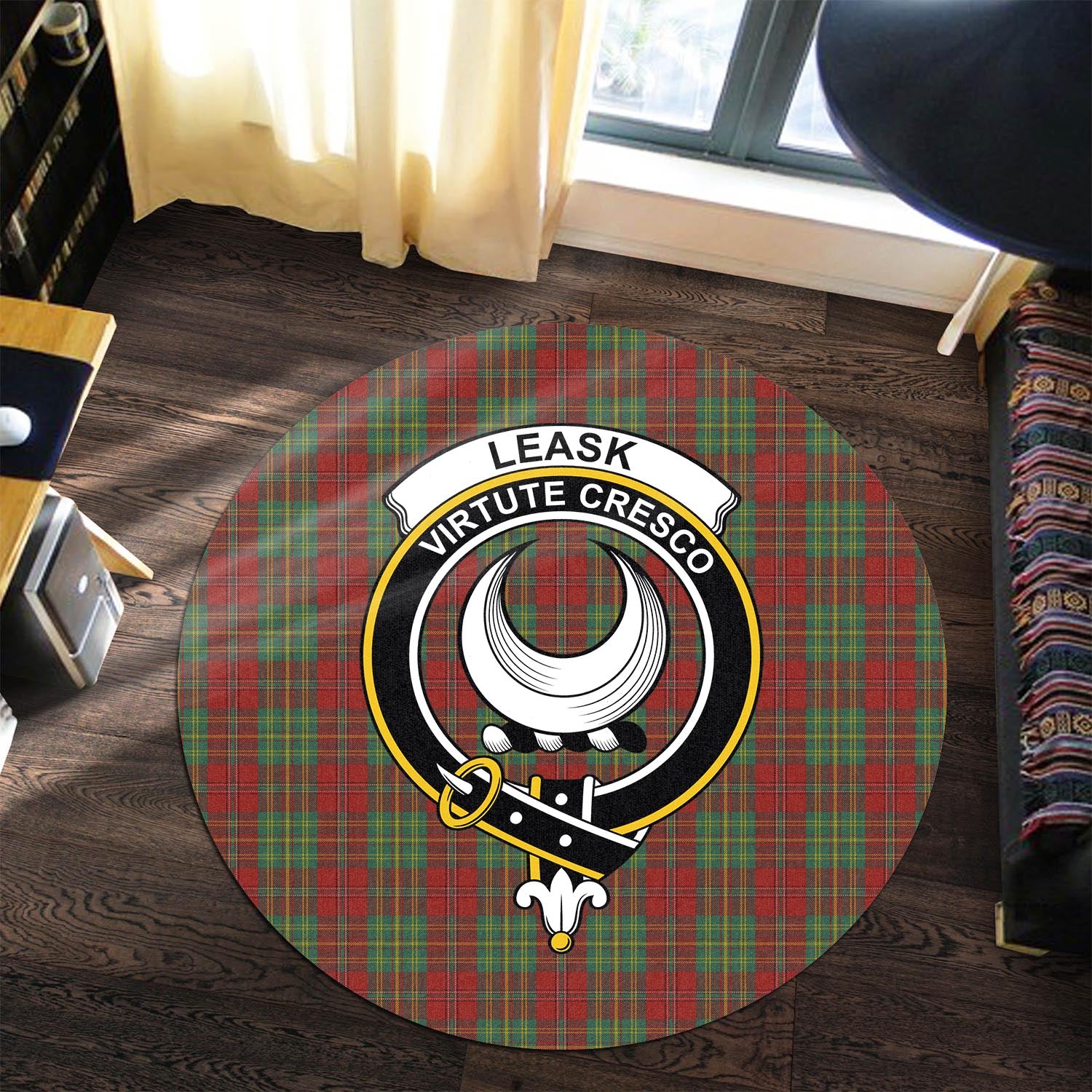 Leask Tartan Round Rug with Family Crest – Tartan Vibes Clothing