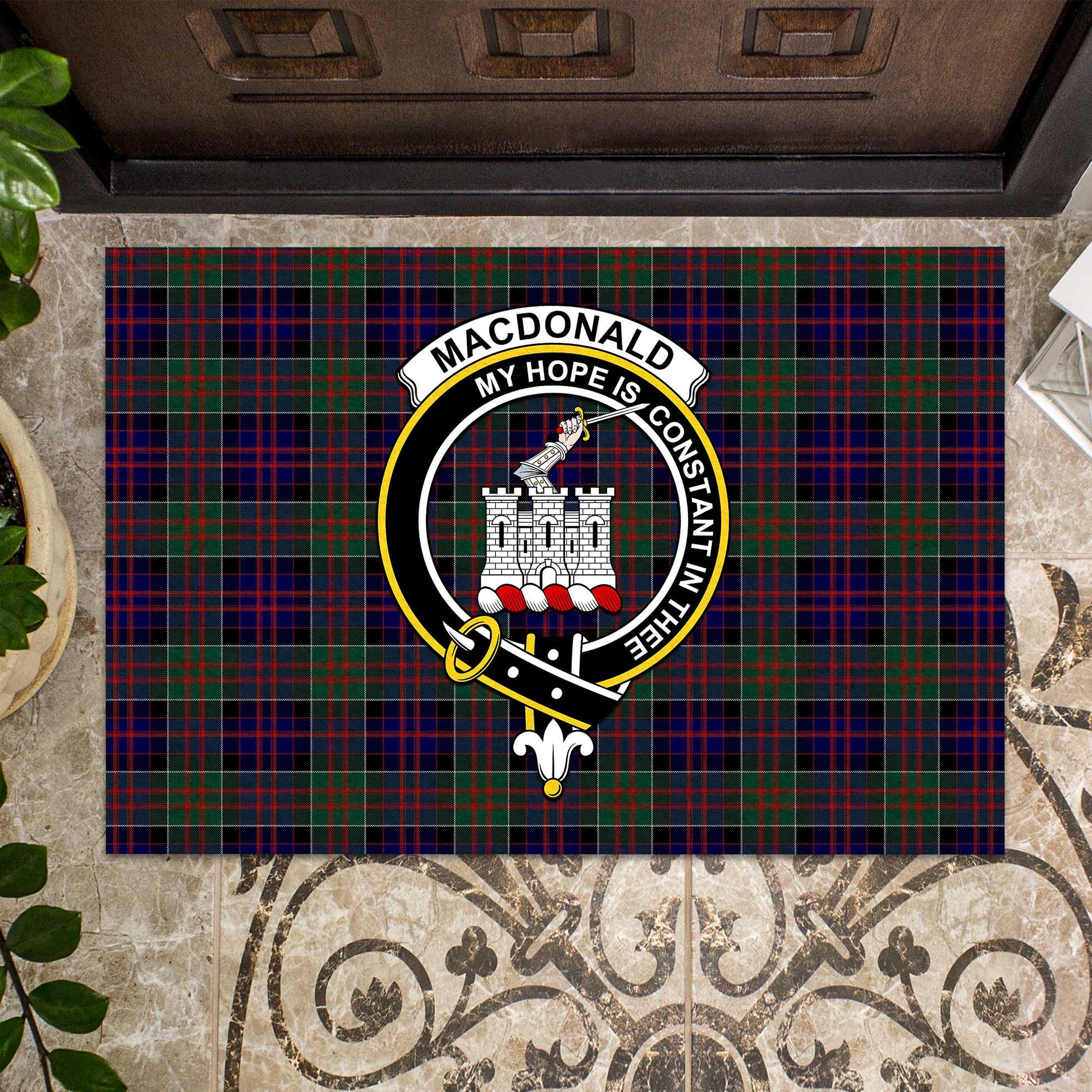 MacDonald of Clan Ranald Tartan Door Mat with Family Crest