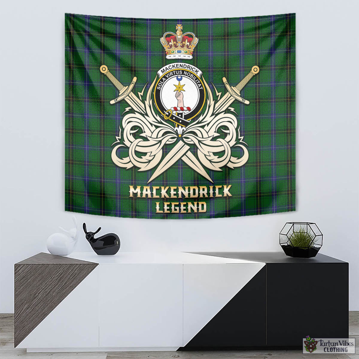 MacKendrick (McKendrick) Tartan Tapestry with Clan Crest and the Golde