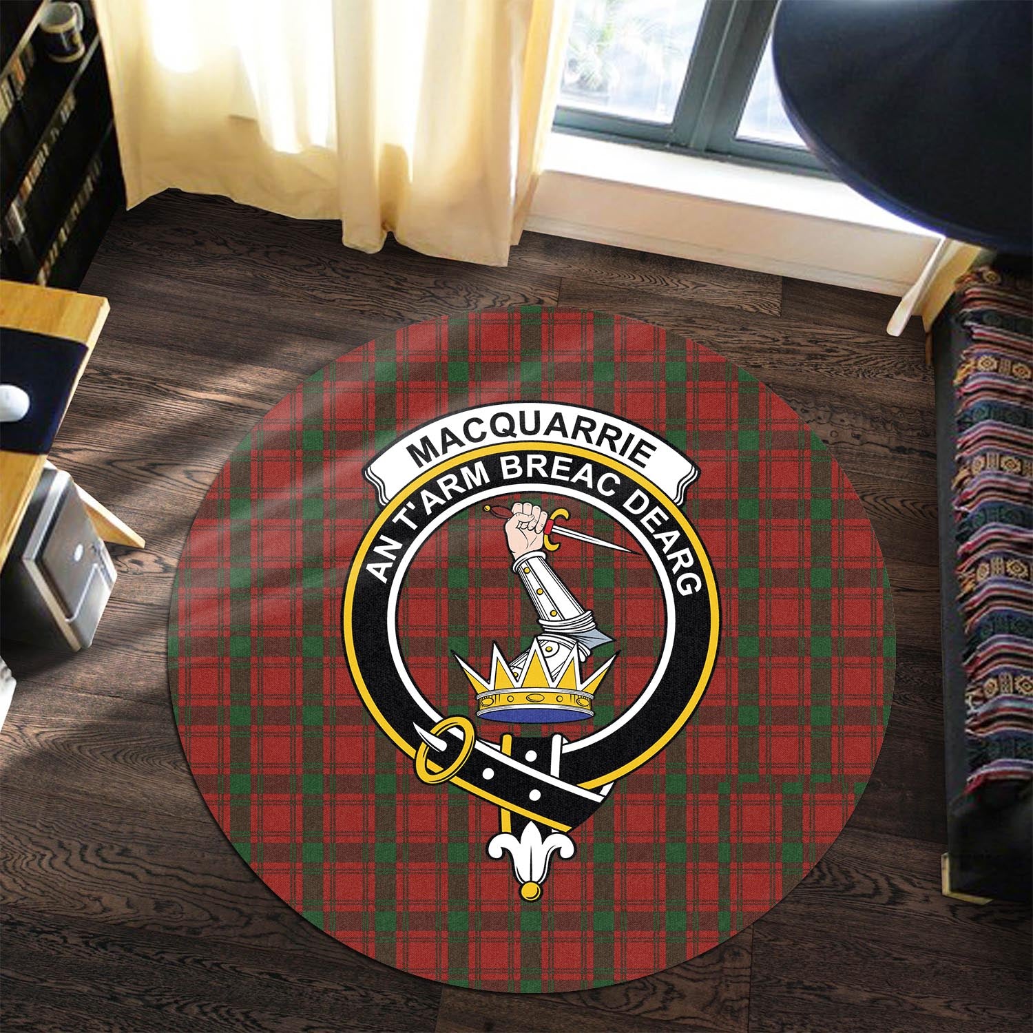 MacQuarrie (McQuarrie) Tartan Round Rug with Family Crest