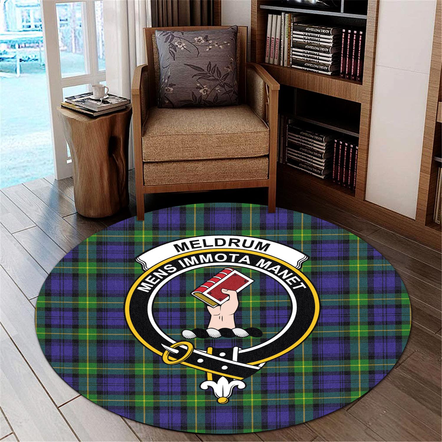 Meldrum Tartan Round Rug with Family Crest