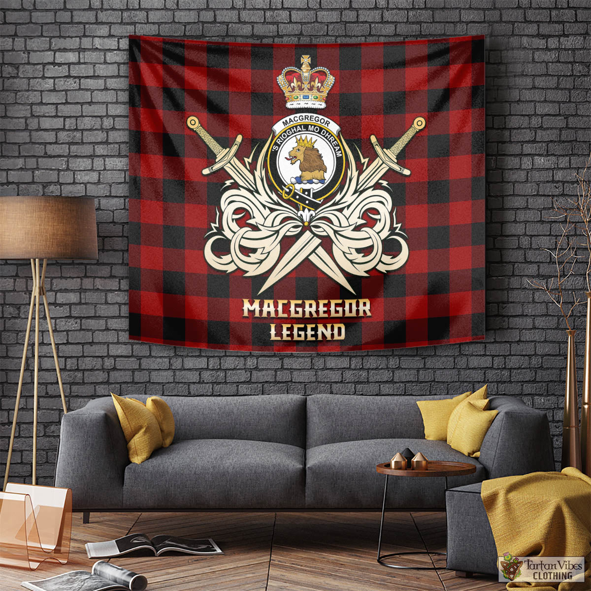 Rob Roy Macgregor Tartan Tapestry with Clan Crest and the Golden Sword