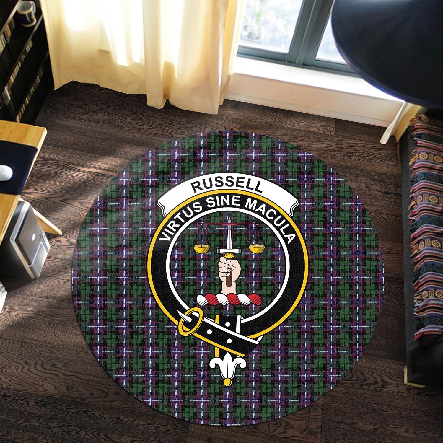 Russell Tartan Round Rug with Family Crest