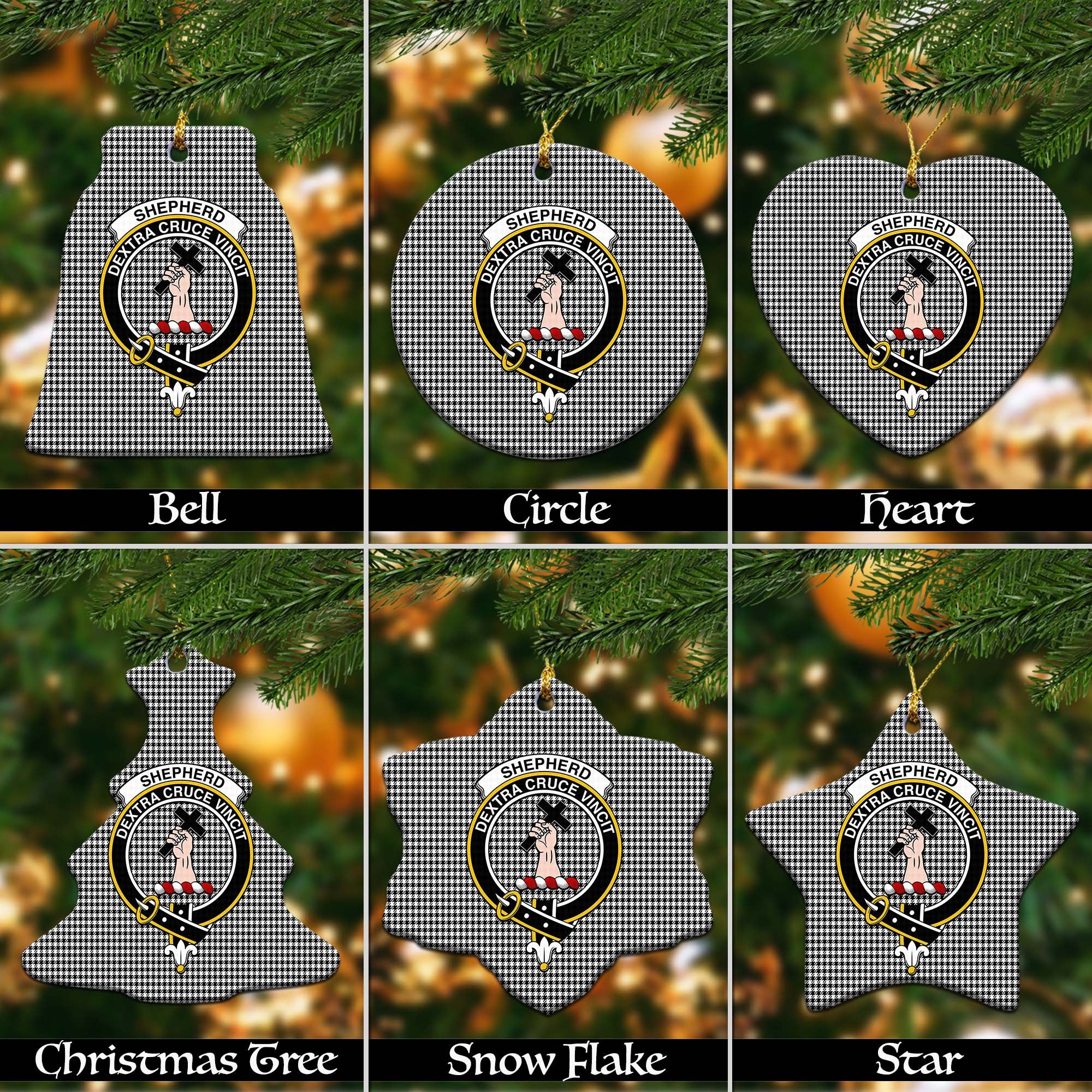 Shepherd Tartan Christmas Ceramic Ornaments with Family Crest