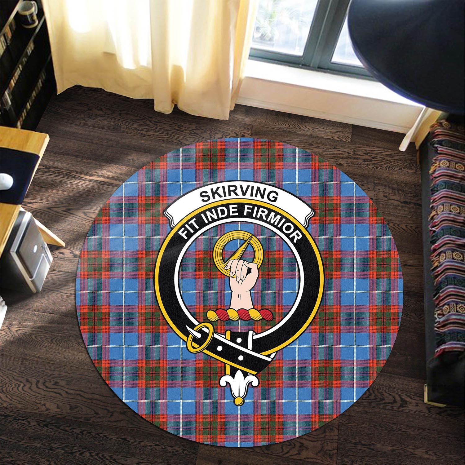 Skirving Tartan Round Rug with Family Crest