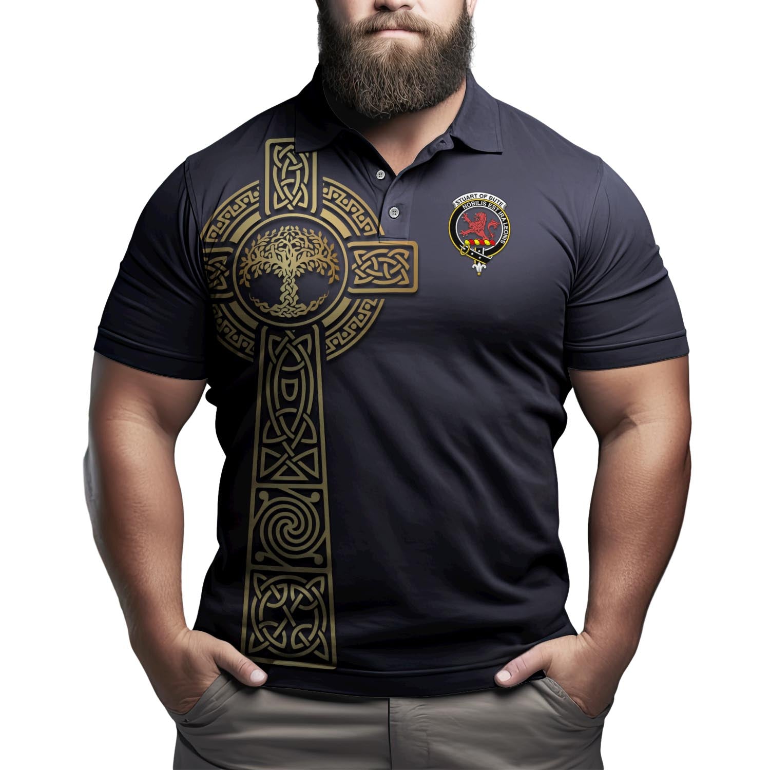 Stuart Clan Polo Shirt with Golden Celtic Tree Of Life